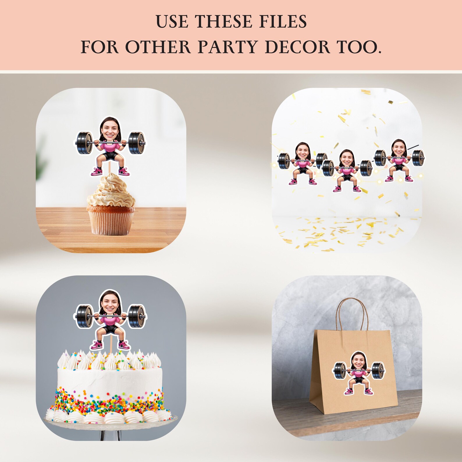 Female Powerlifting Personalized Face Cupcake Toppers, Gym Birthday ...