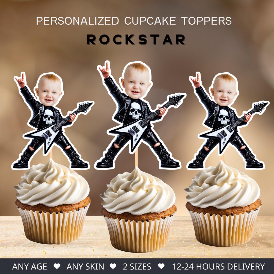Rockstar Personalized Face Cupcake Toppers, Rock and Roll Birthday ...