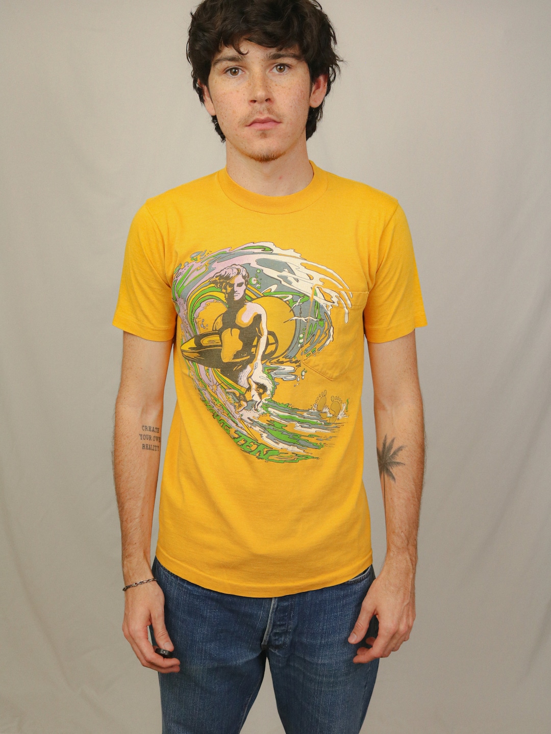 Vintage 70s Hang Ten Surf T Shirt (S) Double Sided Surfer Graphic Pocket Tee Made in USA - Etsy