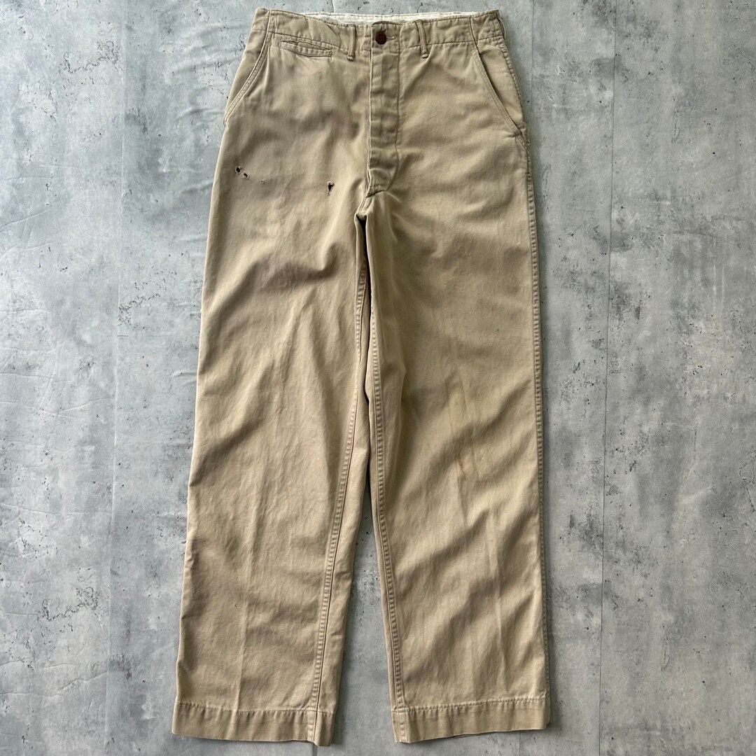 Vintage 1940s Army Military Chinos Pants 29 Tan Button Fly Khakis Work ...