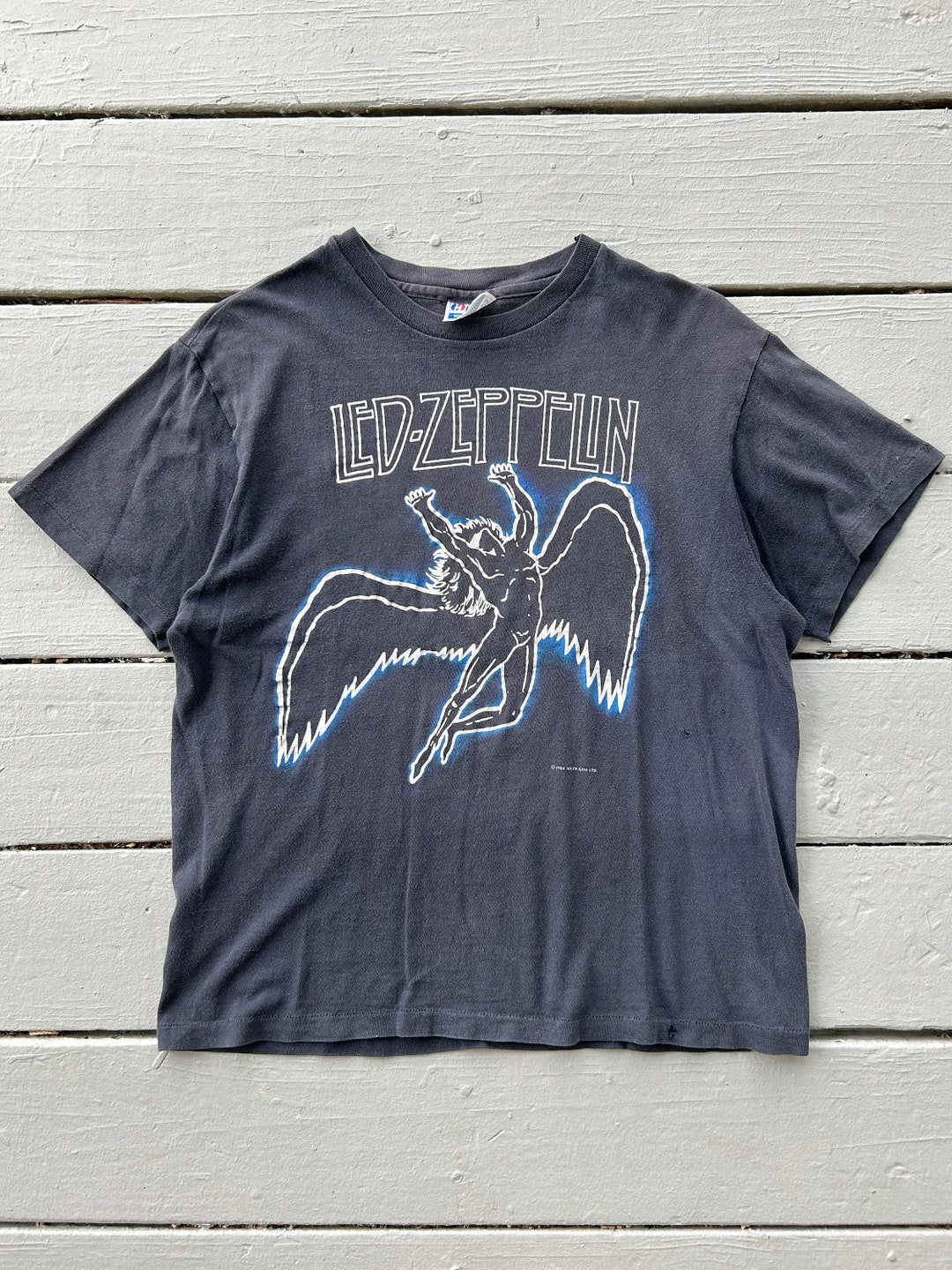 Vintage 80s Led Zeppelin T Shirt (L) Faded Black Blue Icarus Swan Song ...
