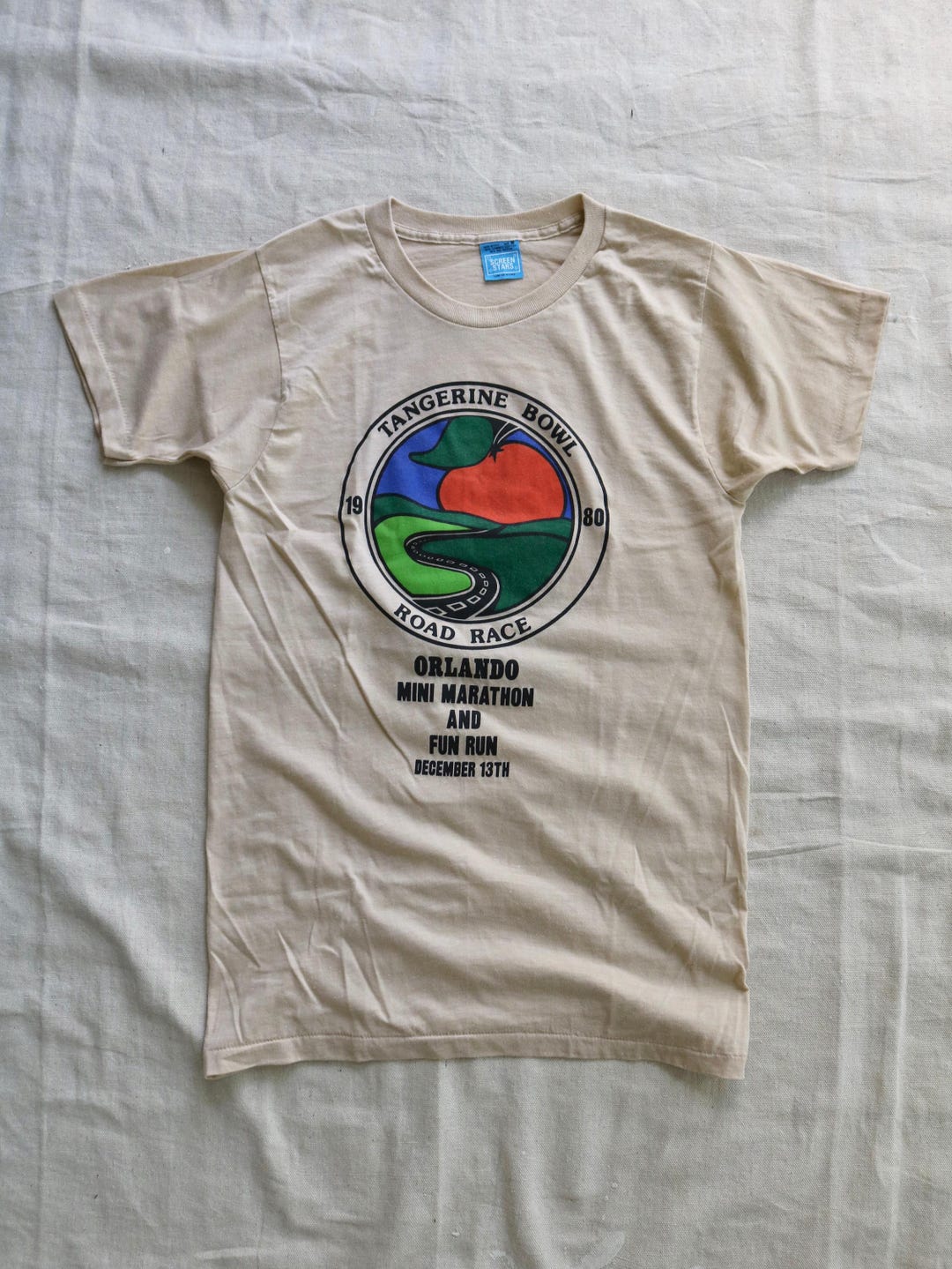 Vintage 80s Tangerine Bowl Road Race T Shirt (M) Beige Tan Running ...