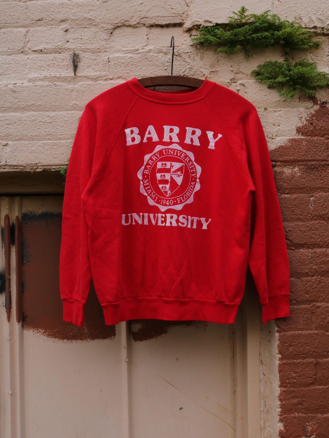 Vintage 1970s Flocked Barry University Sweatshirt M Red White Crewneck ...
