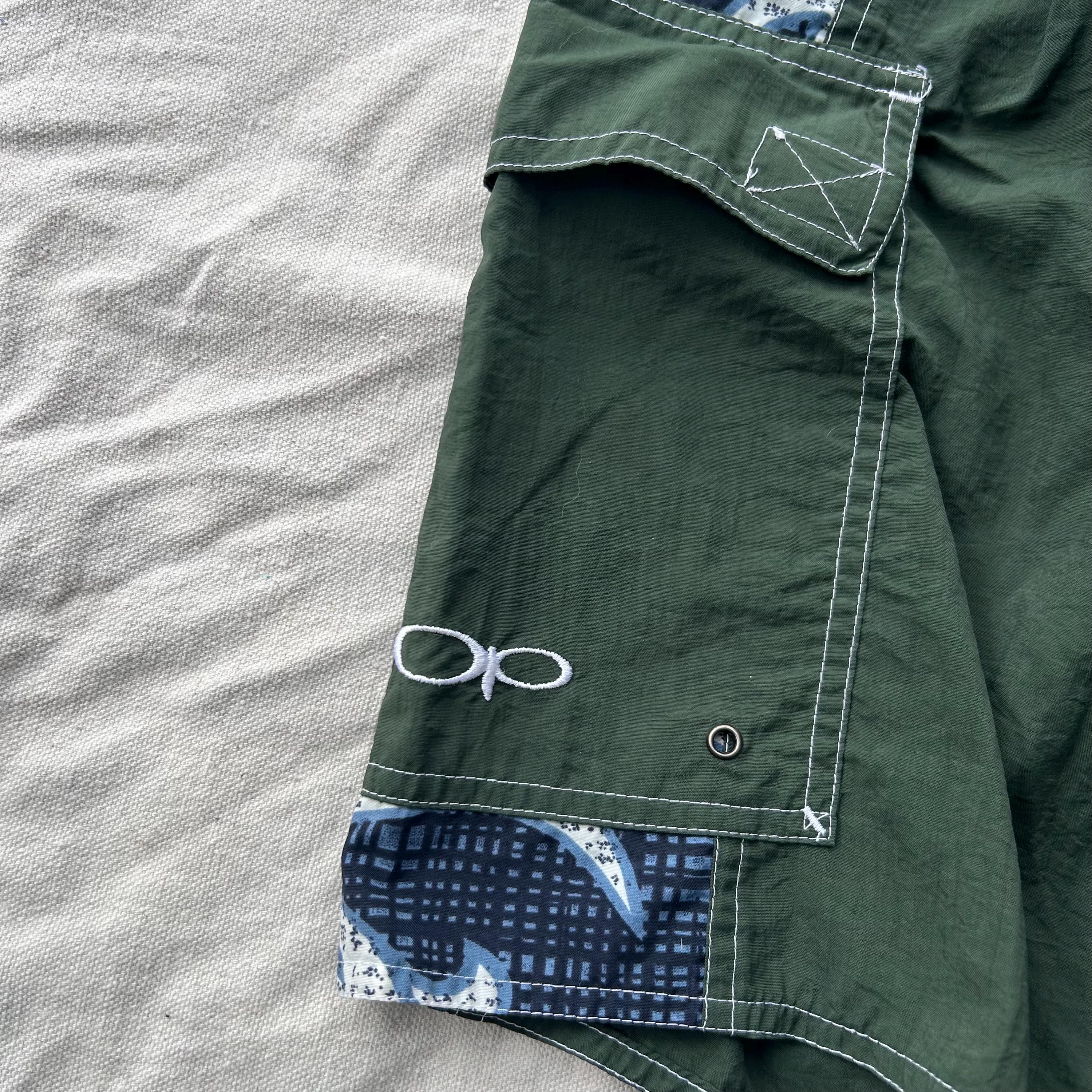 Vintage Y2K Ocean Pacific Swim Trunks (XL) Olive Green Blue Floral ...