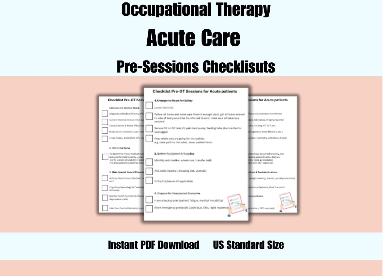 Pre-session Checklist for Occupational Therapy in Acute Settings, OT ...