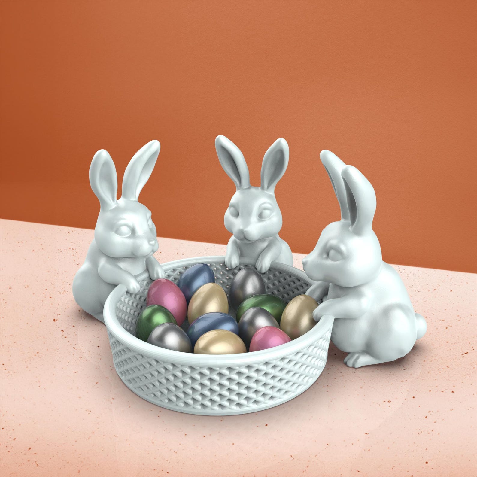 Cesta de Pascua 3D, modelo de 3 conejos, cesta de regalo de huevos de ...