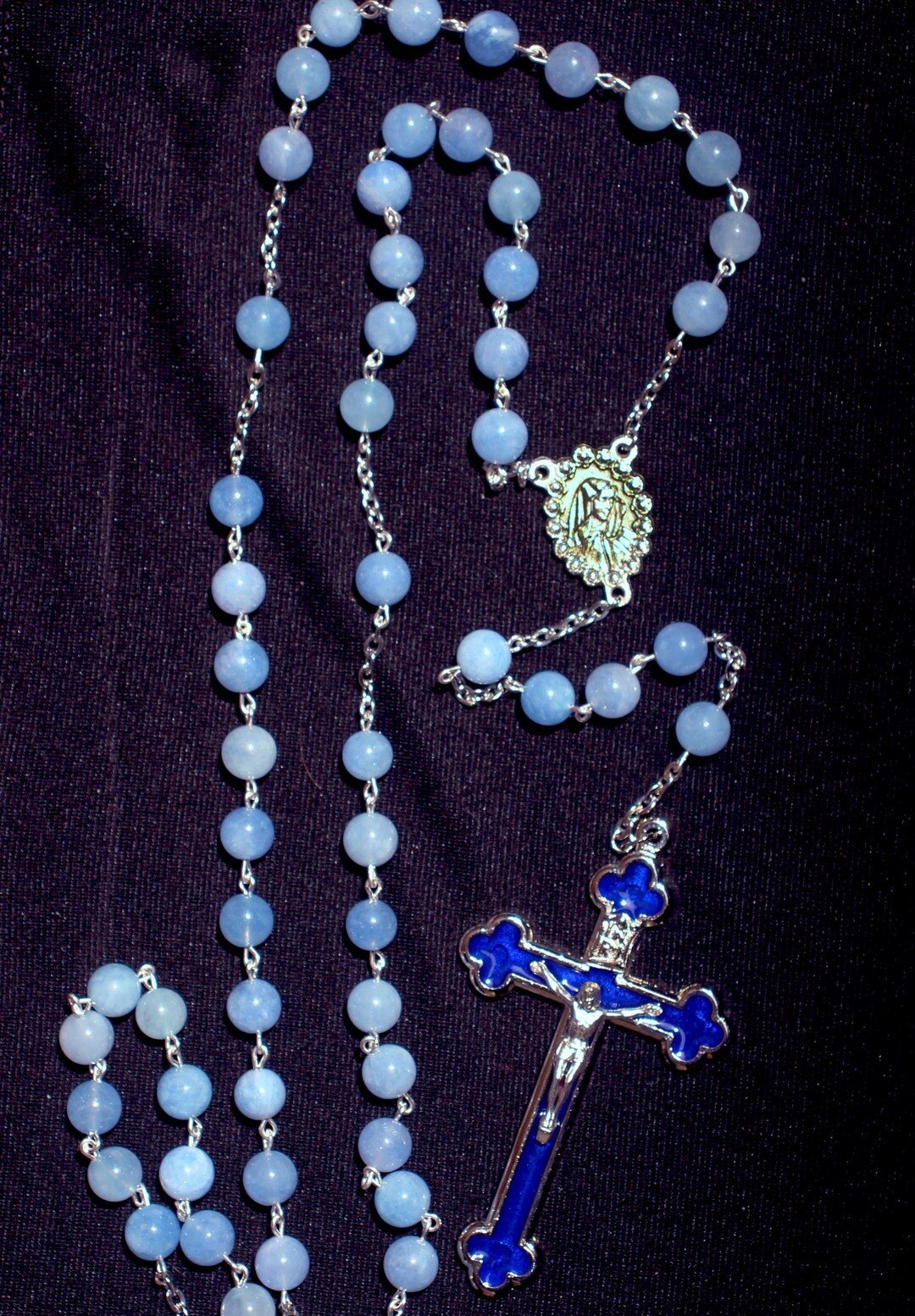 Aquamarine Rosary With Sterling Silver Chain & Scalloped Mary Center ...