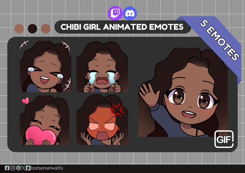 Cute Chibi Girl Animated Emotes, Dark Skin, Wavy Brown Hair, Brown Eyes ...