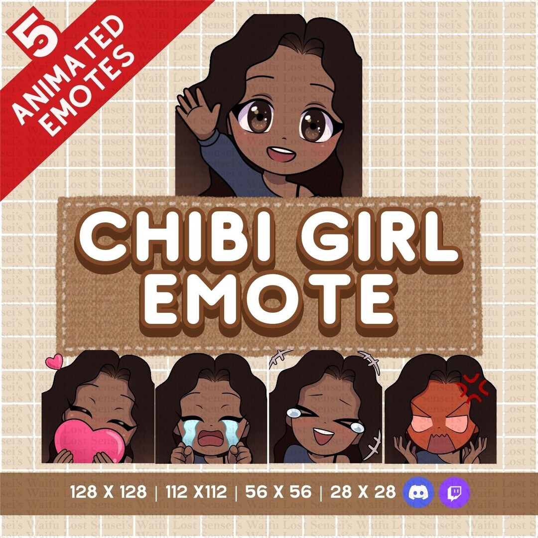 Cute Chibi Girl Animated Emotes, Dark Skin, Wavy Brown Hair, Brown Eyes ...