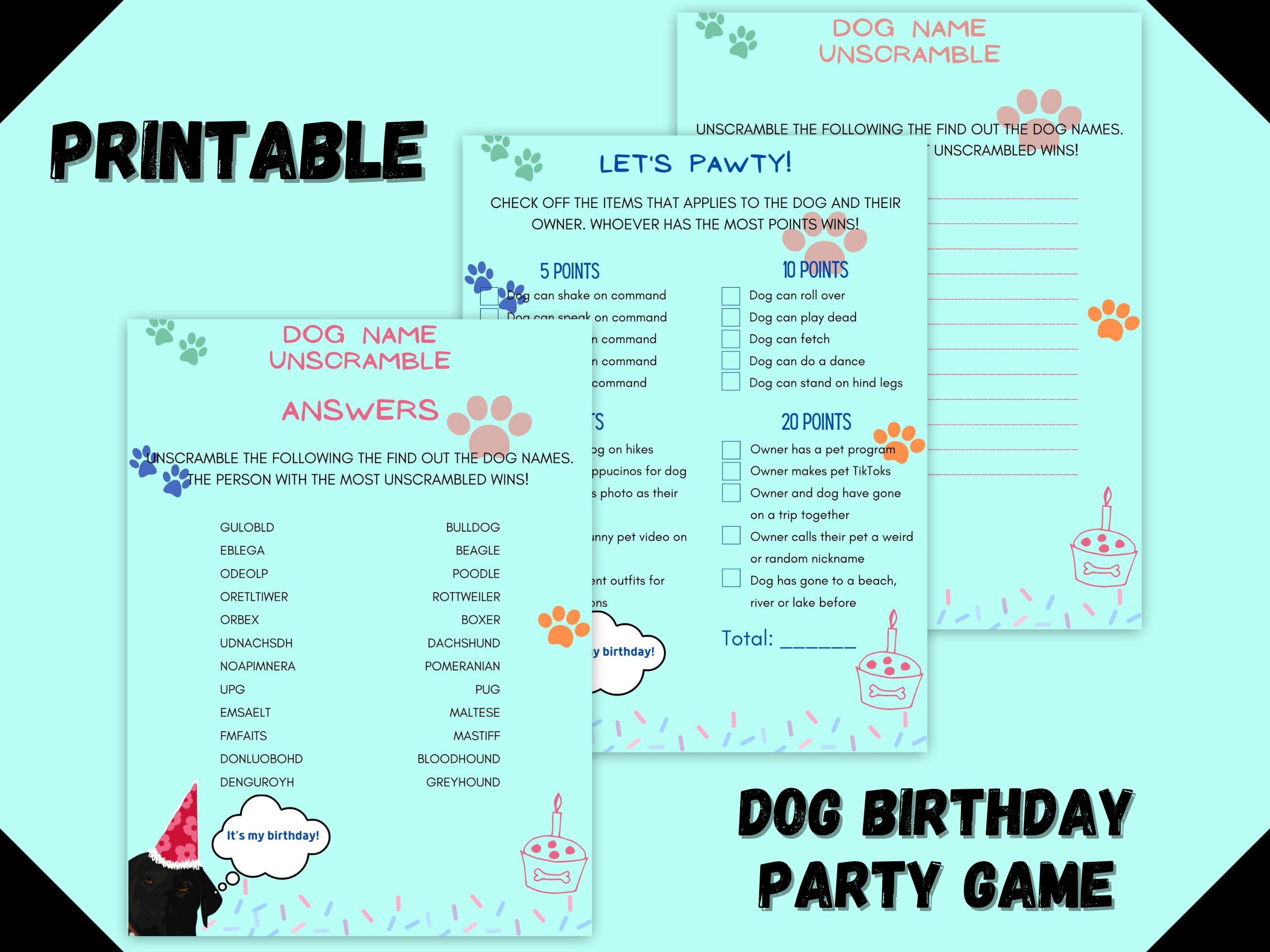 DOG PARTY GAMES Printable Dog Birthday Party Games, Damn Dog Games ...