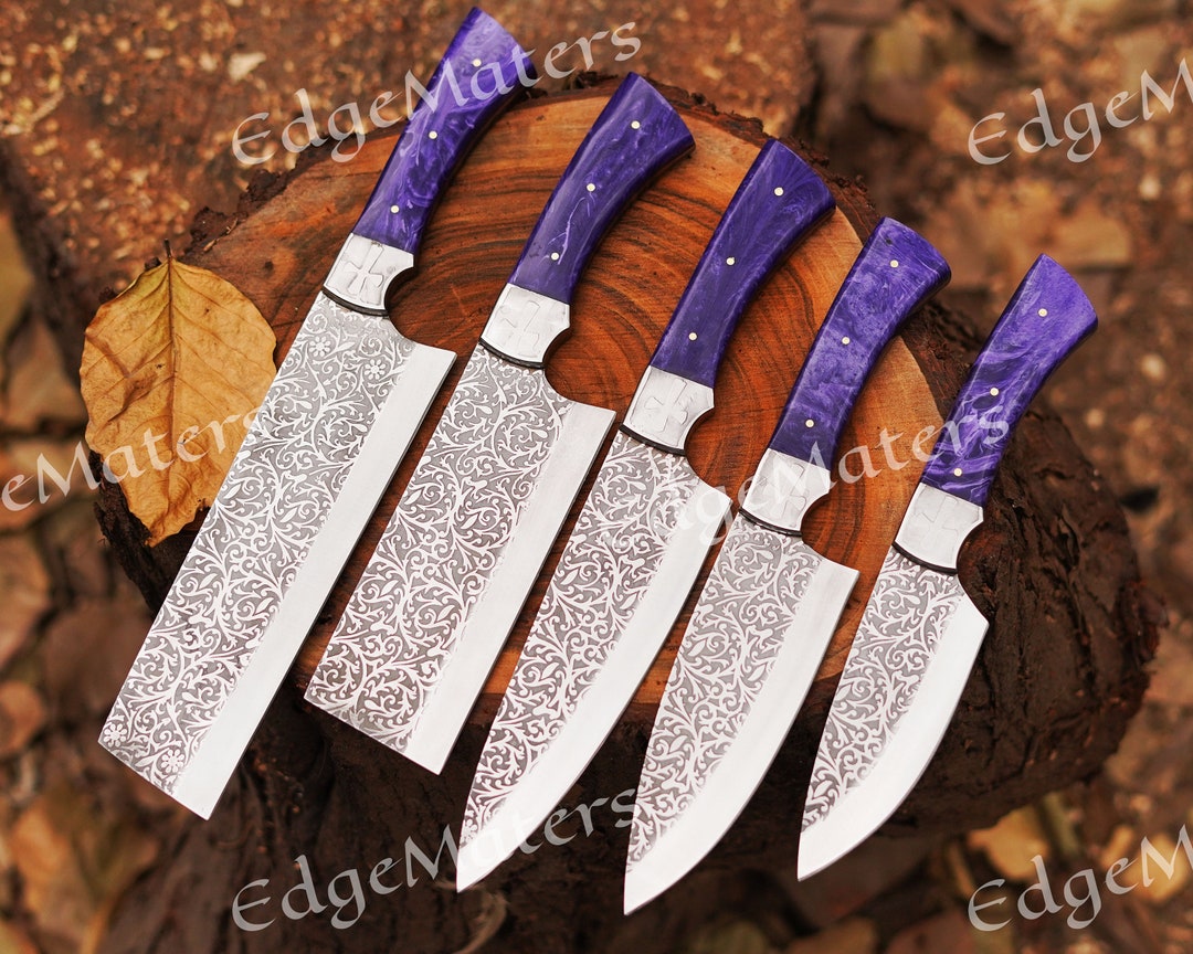 Hand Engraved Kitchen Knife Set: J2 Stainless Steel, Resin Handle ...