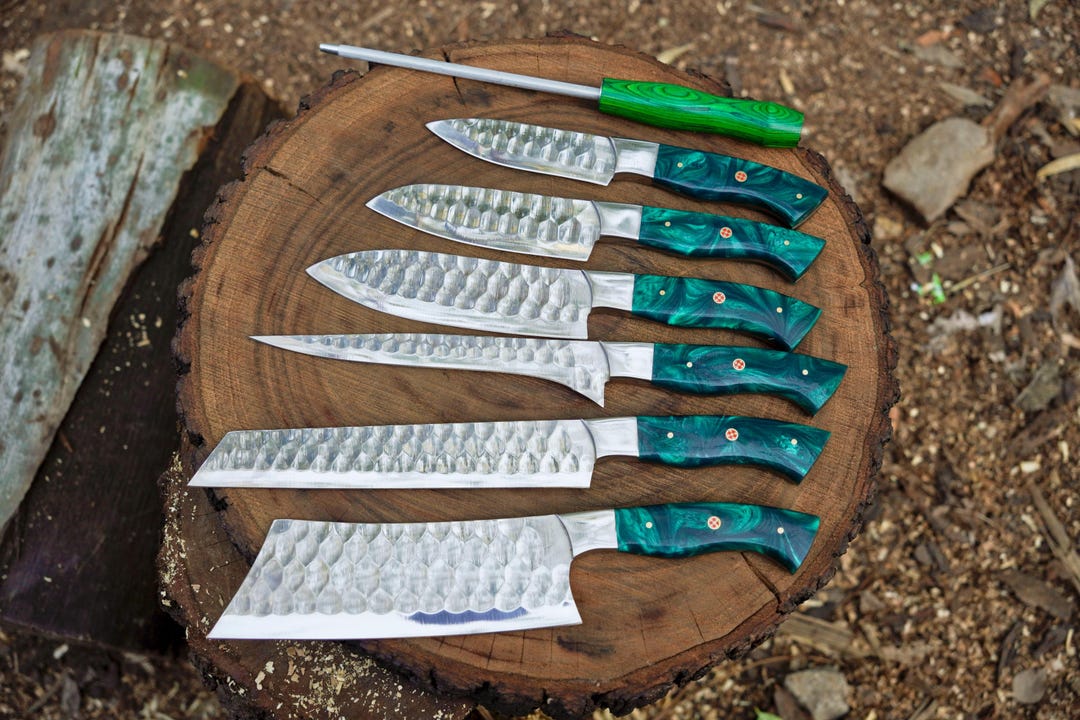 Hand-forged Chef Knife Set: Hammered High-carbon Steel With Green Resin ...
