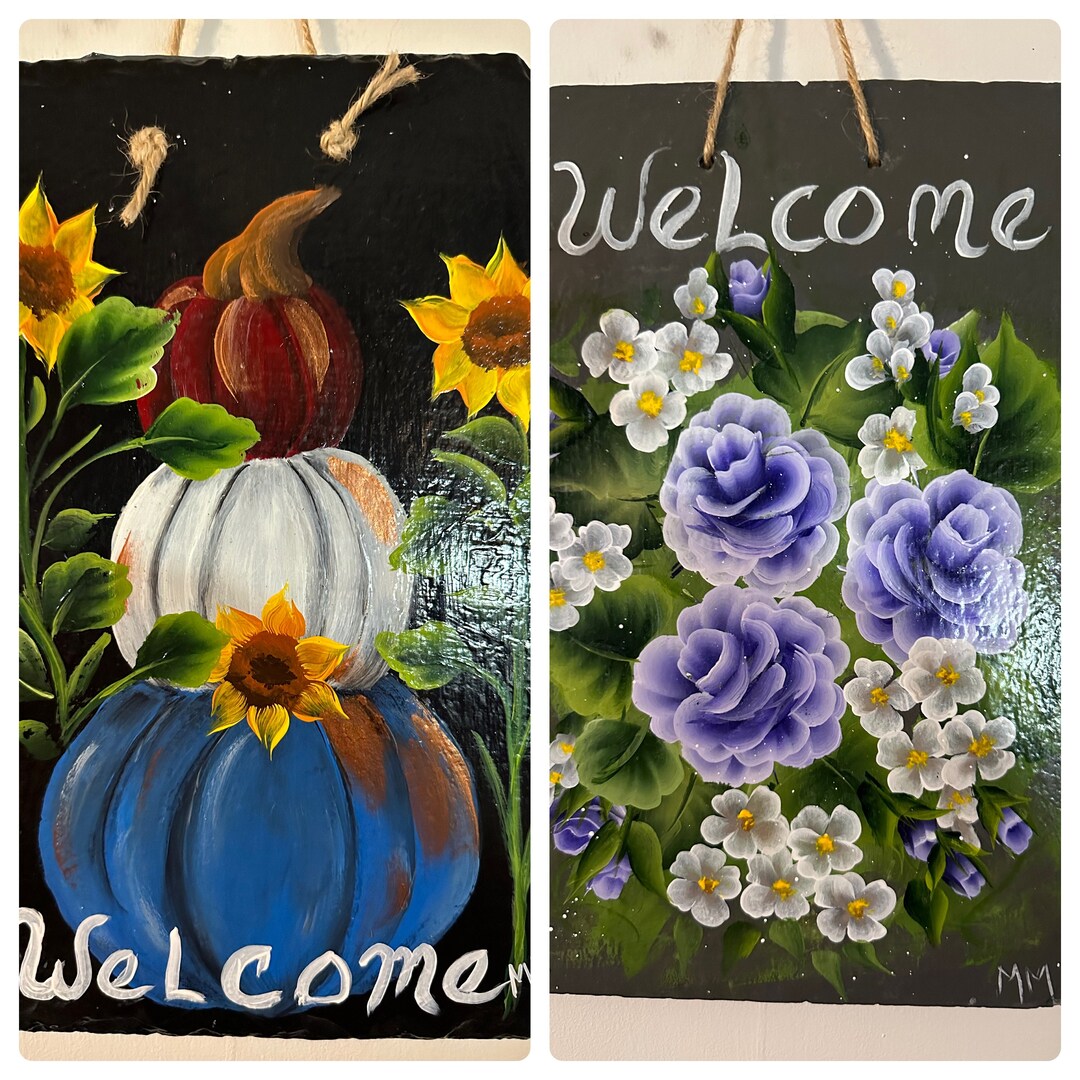 Reversible Hand Painted Welcome Slate. Pumpkin Slate, Purple Rose Slate ...