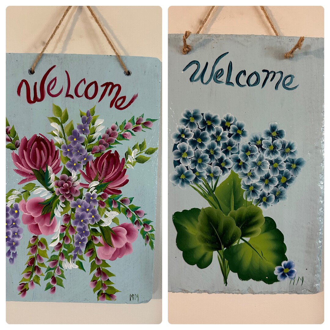 Double Sided Hand Painted Slate. Front Door Welcome Slate Plaque, Hand ...