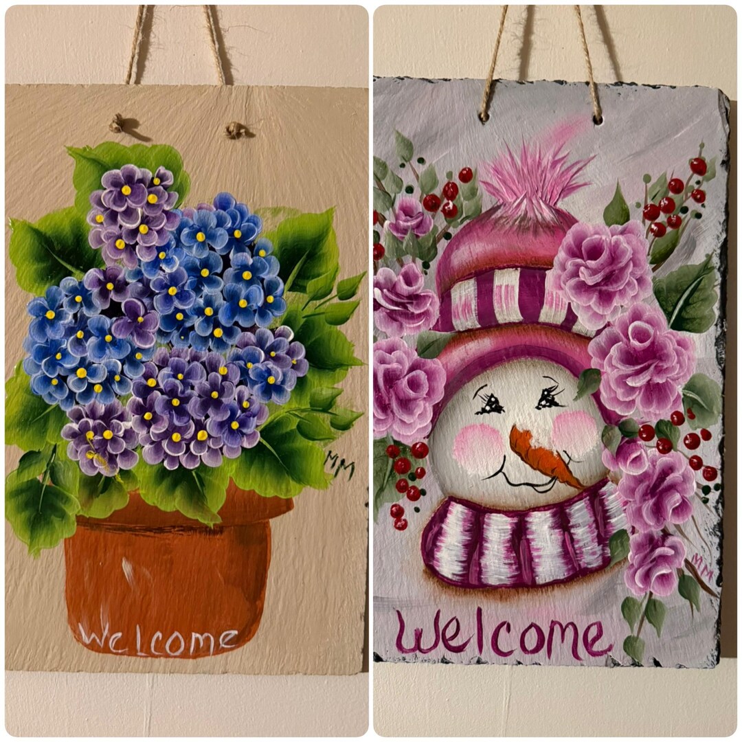 Painted Welcome Slate, Hand Painted Reversible Slate Welcome Sign ...
