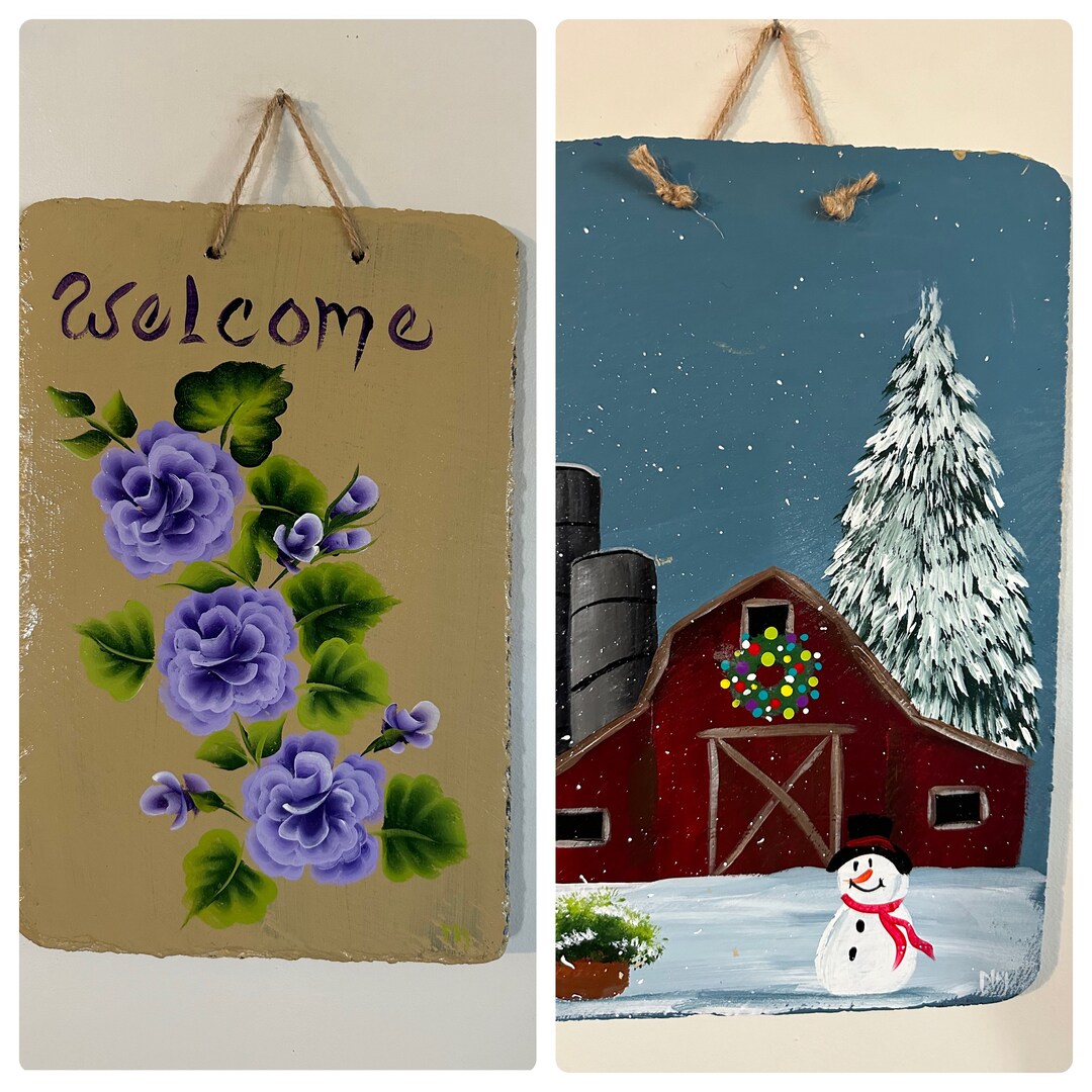 Double Sided Hand Painted Slate Welcome Sign. Red Winter Barn, Snowman ...