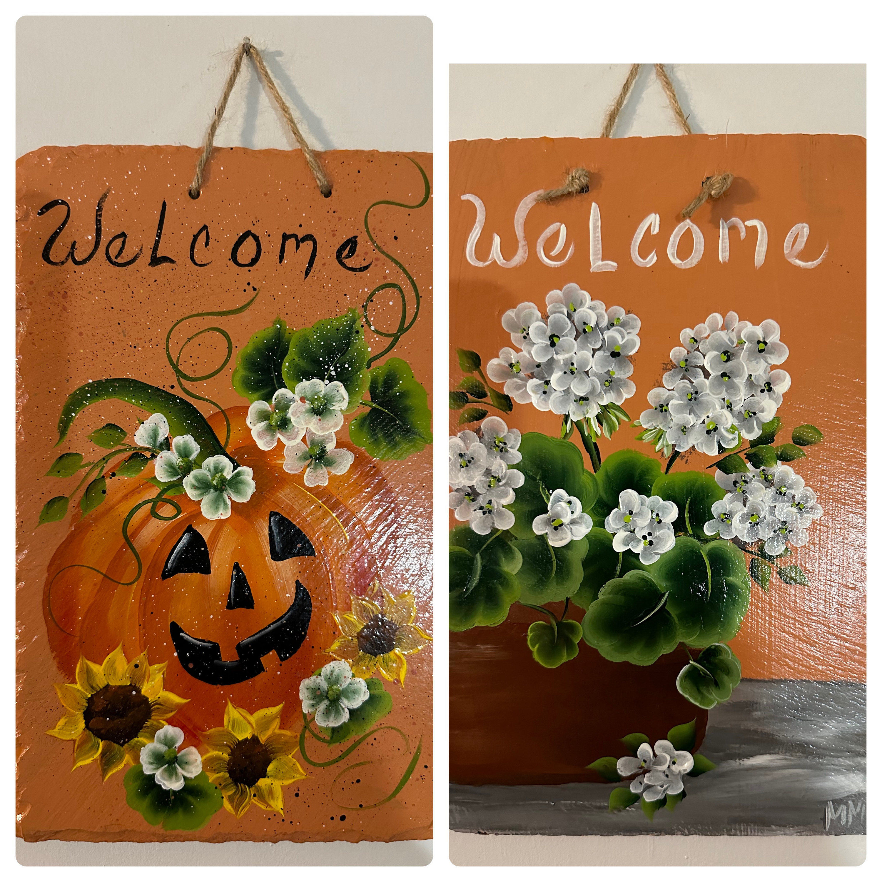 Reversible Hand Painted Welcome Slate. Pumpkins, Geraniums, Sunflowers ...