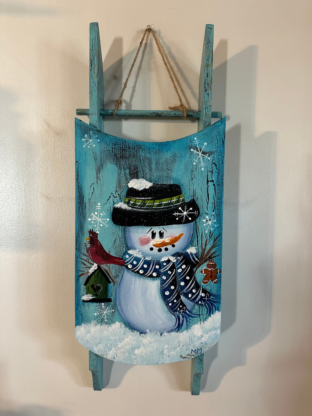 Hand Painted Wooden Snowman Sled. Turquoise Crackled Hand Painted ...