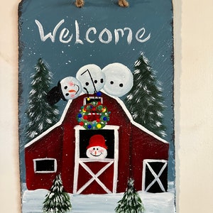 Reversible Hand Painted Slate Sign. Red Winter Barn, Snowman, Pastel ...
