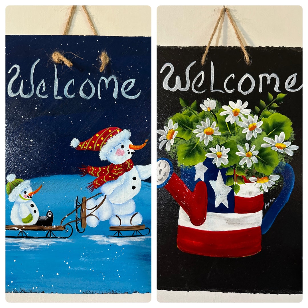 Reversible Hand Painted Holiday Slate. Snowmen Skating, Fourth of July ...