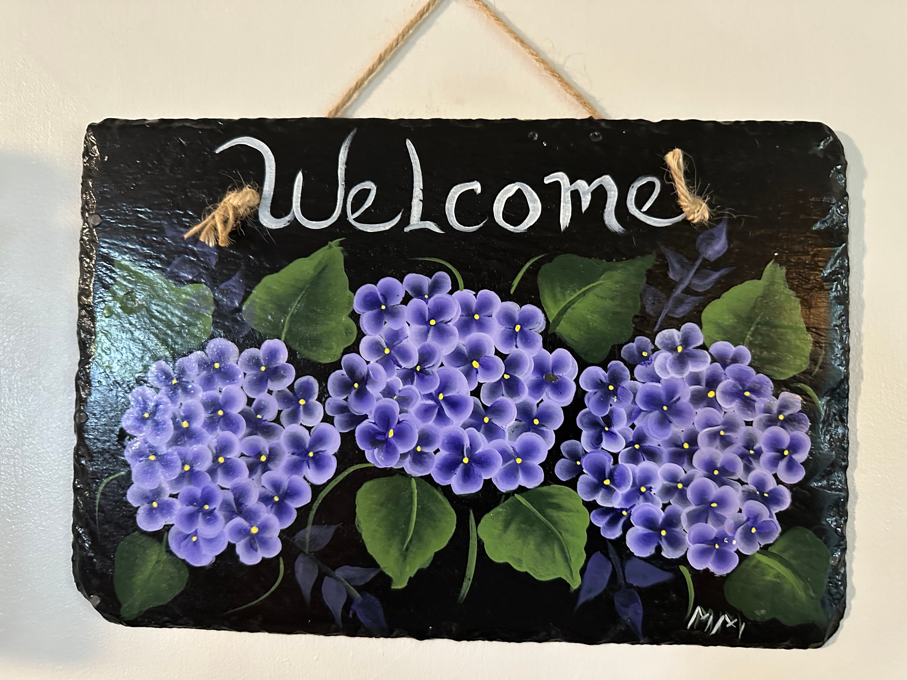 Double Sided Hand Painted Floral Welcome Slate. Sunflowers, Purple ...