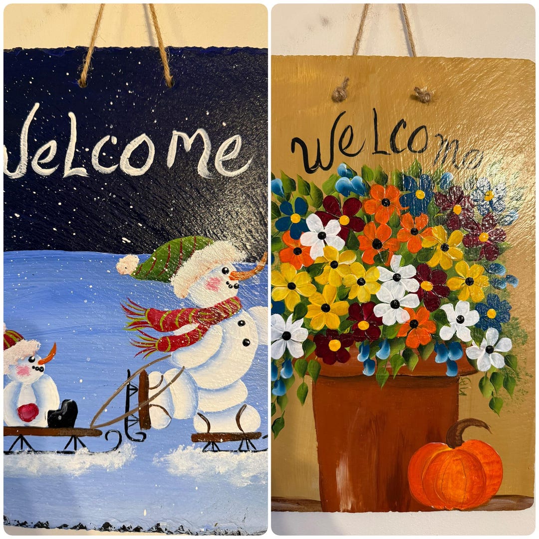 Hand Painted Slate Welcome Sign – Winter Snowman & Fall Flowers – 8x12 ...
