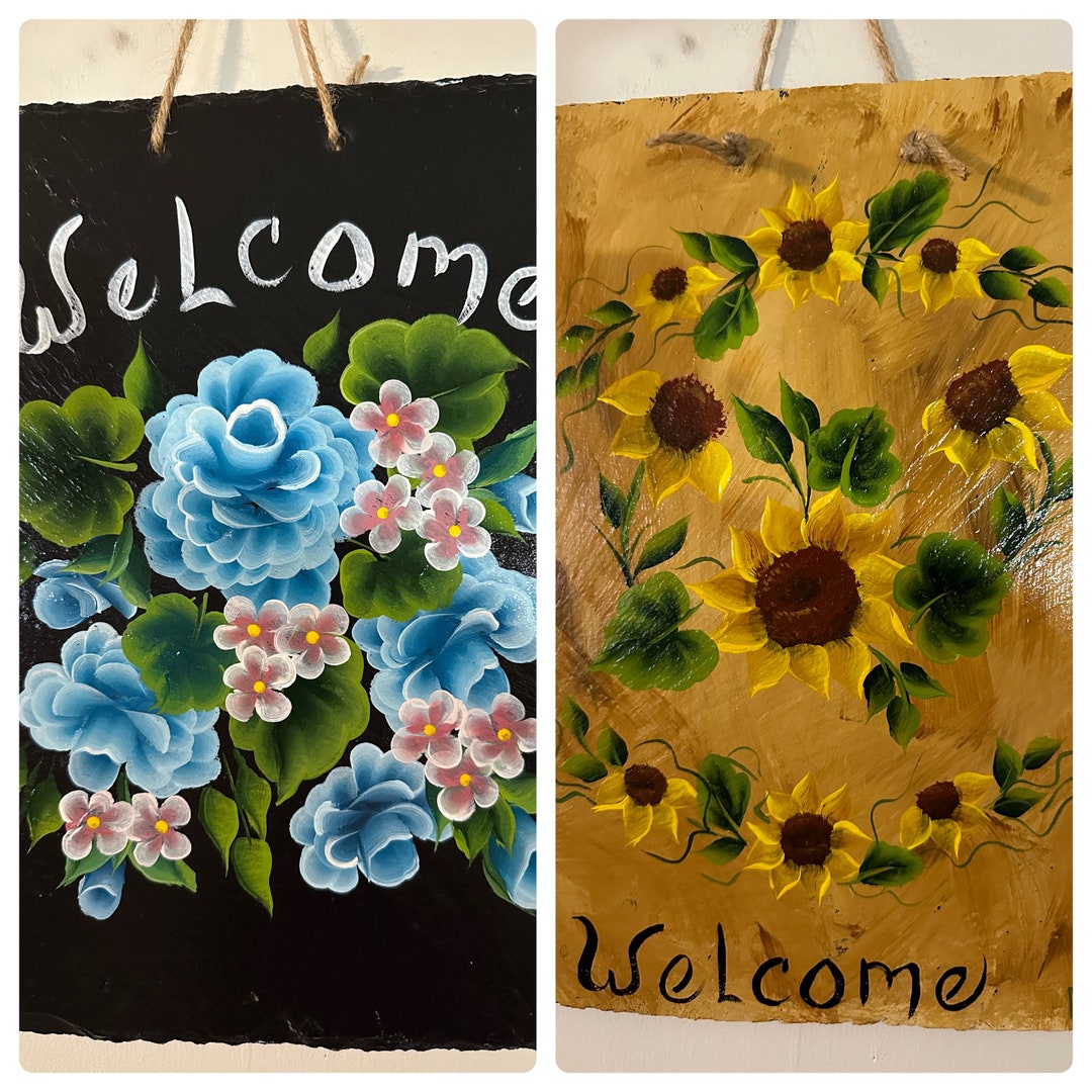 Reversible Hand Painted Welcome Slate. Roses, Sunflowers. Mothers Day ...