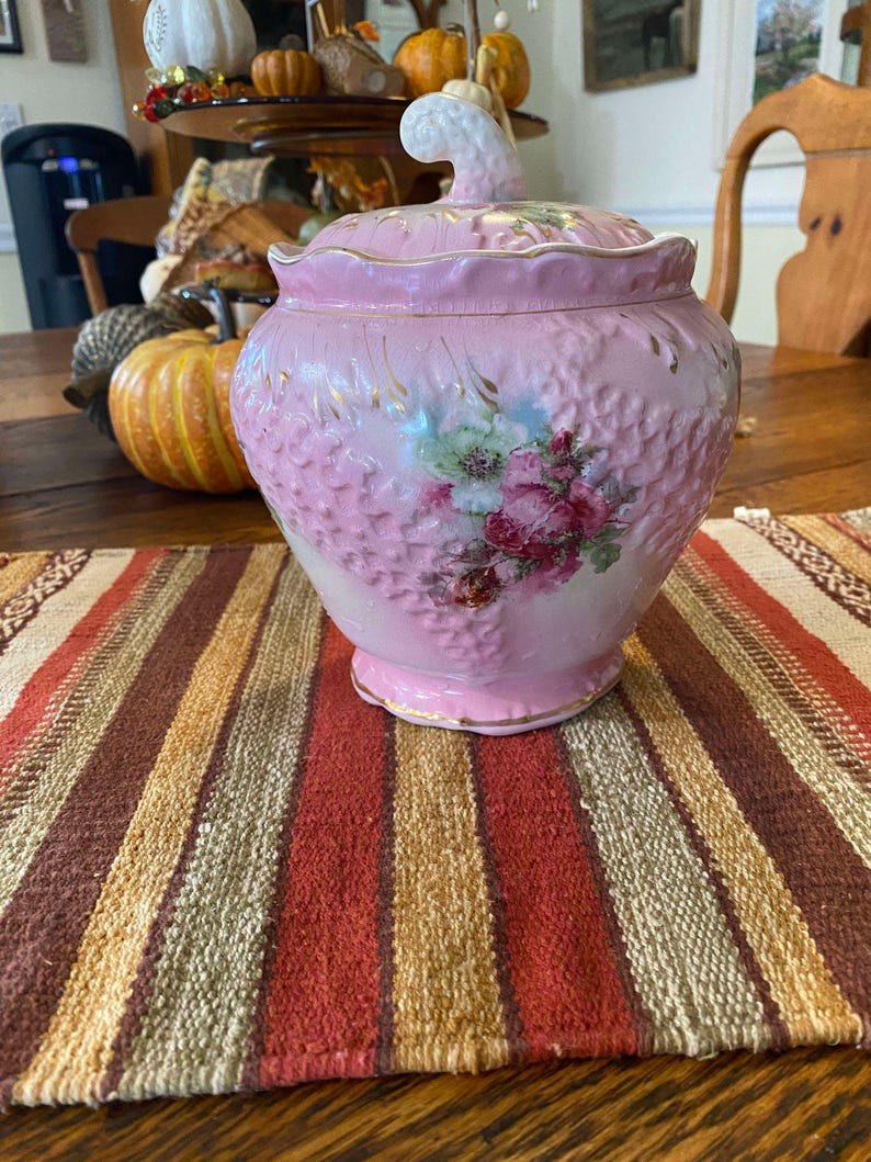 Antique Cottage Core Pink Flowers Bisquit Jar- Kitchen Decor - Bathroom ...