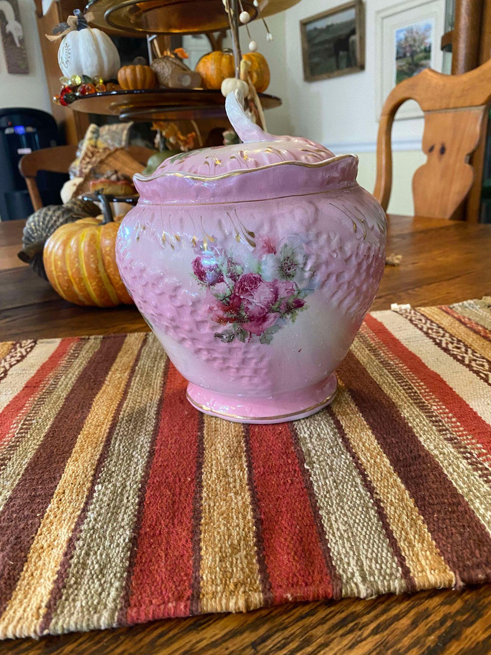 Antique Cottage Core Pink Flowers Bisquit Jar- Kitchen Decor - Bathroom ...