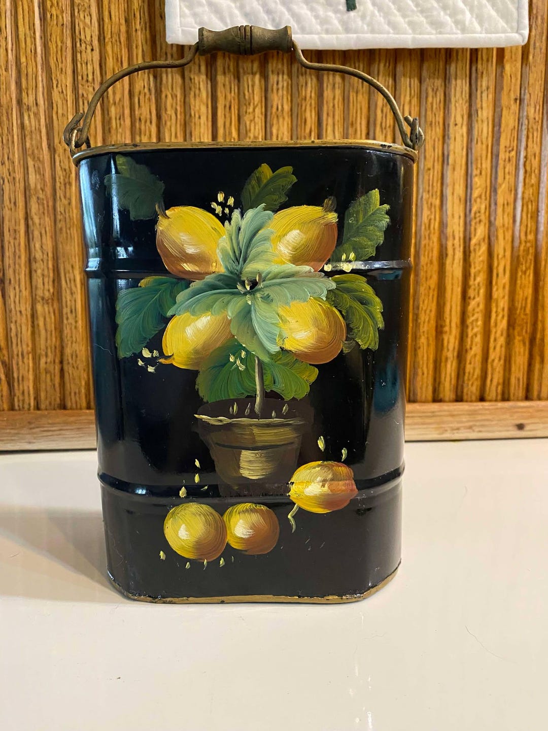 Vintage Hand Painted Metal Decorative Pail Vase With Handle - Beautiful ...