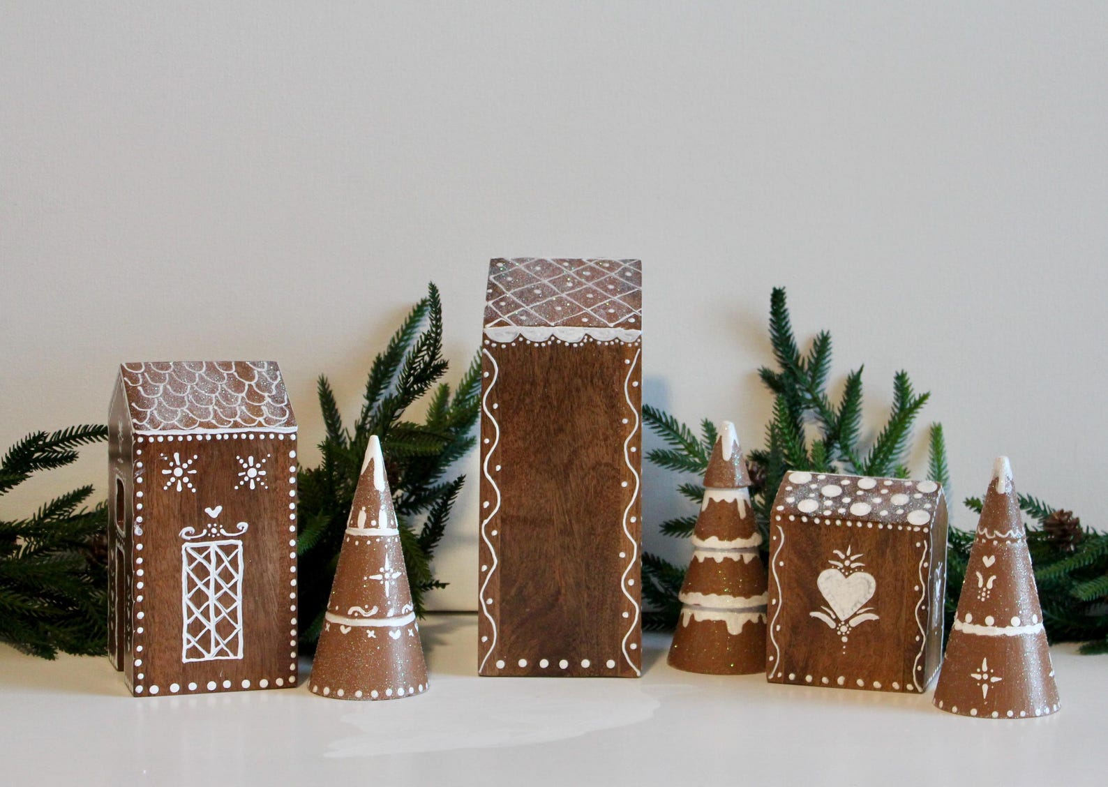 Rustic Wood Gingerbread House Set: Hand Painted Christmas Village With ...