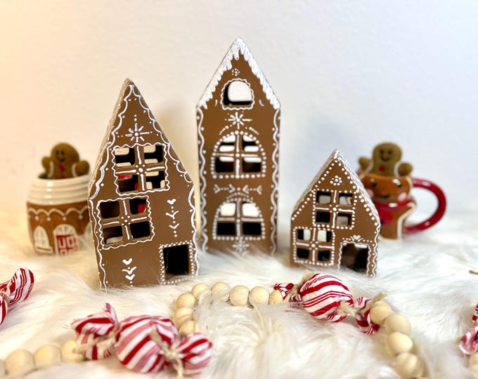 SET of 3 Ceramic Gingerbread Houses Glittery Roof Like Snow Hand ...