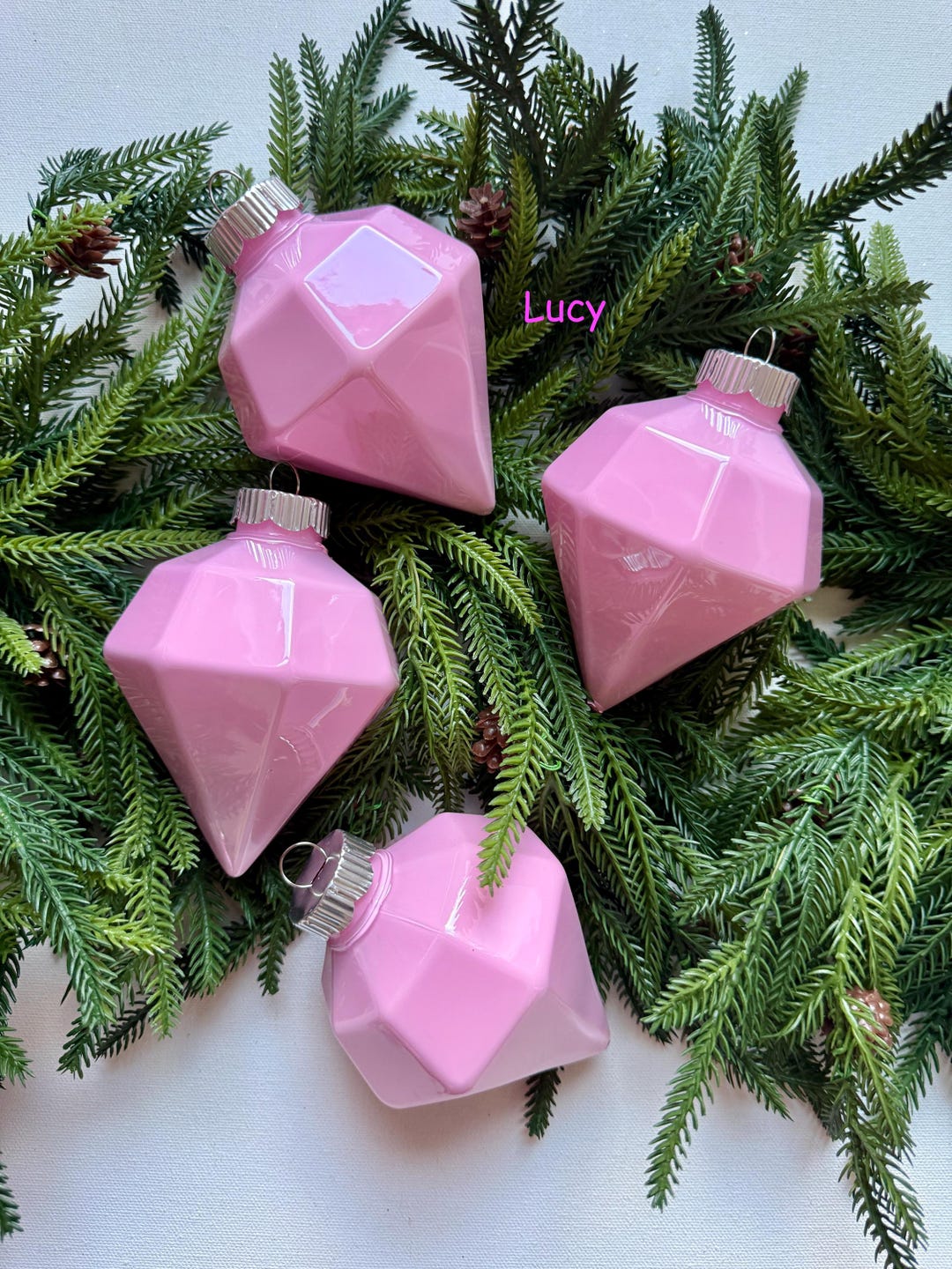 Pink Diamond Shape Christmas Ornaments, Hand Painted, Shatterproof (set ...