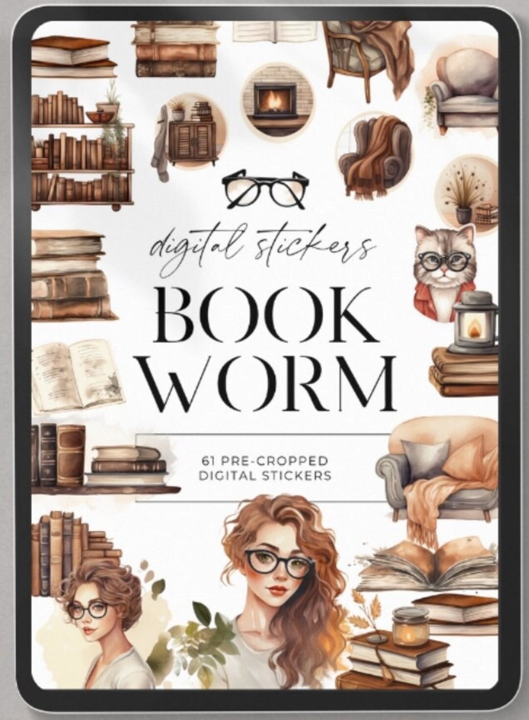 110 Library Stickers Adorable Clip Art Print at Home Bookworm and ...