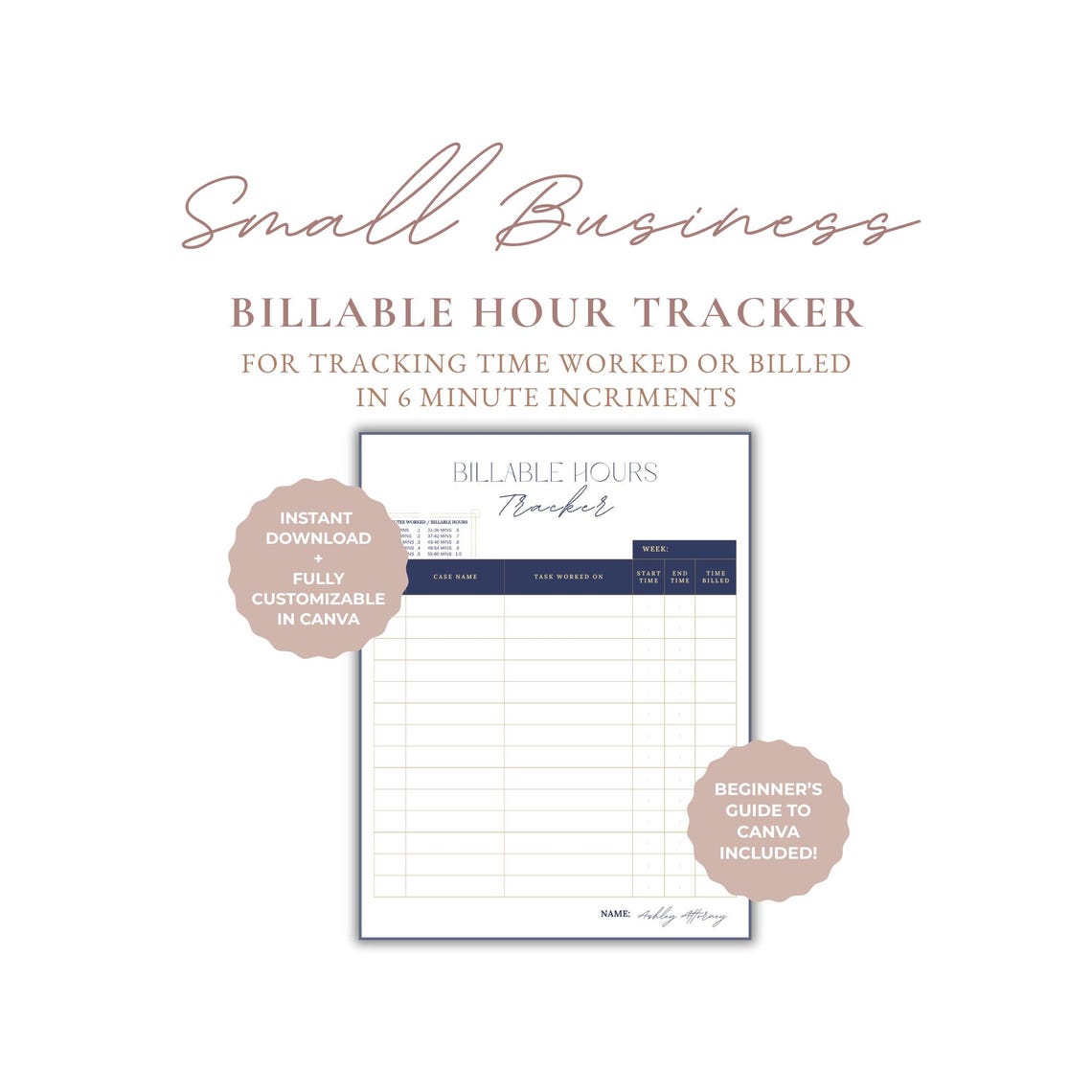Billable Hours Worked Tracker Log - Printable PDF + Customizable ...