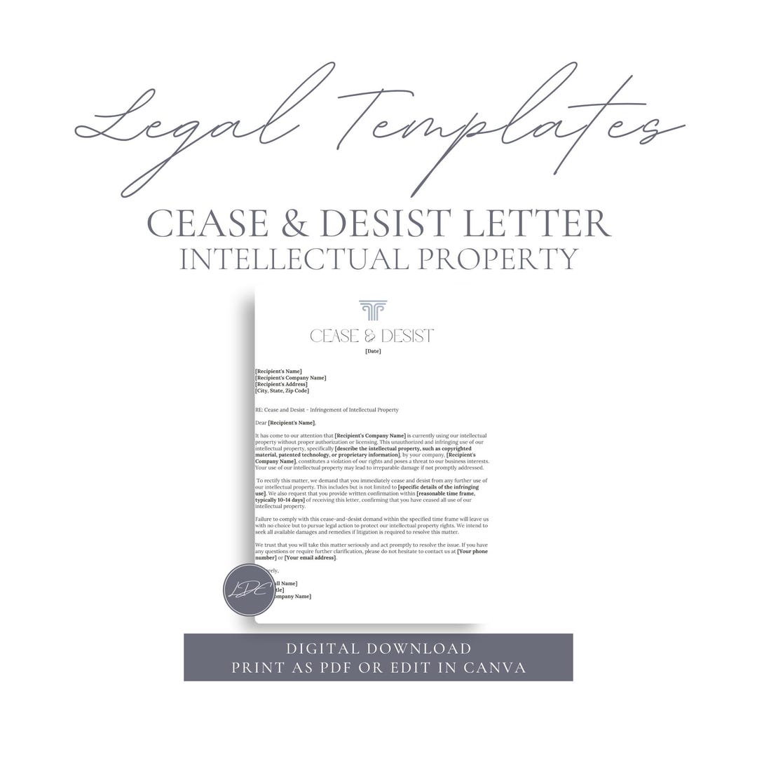 Cease and Desist Letter - Intellectual Property - Template Digital - Etsy
