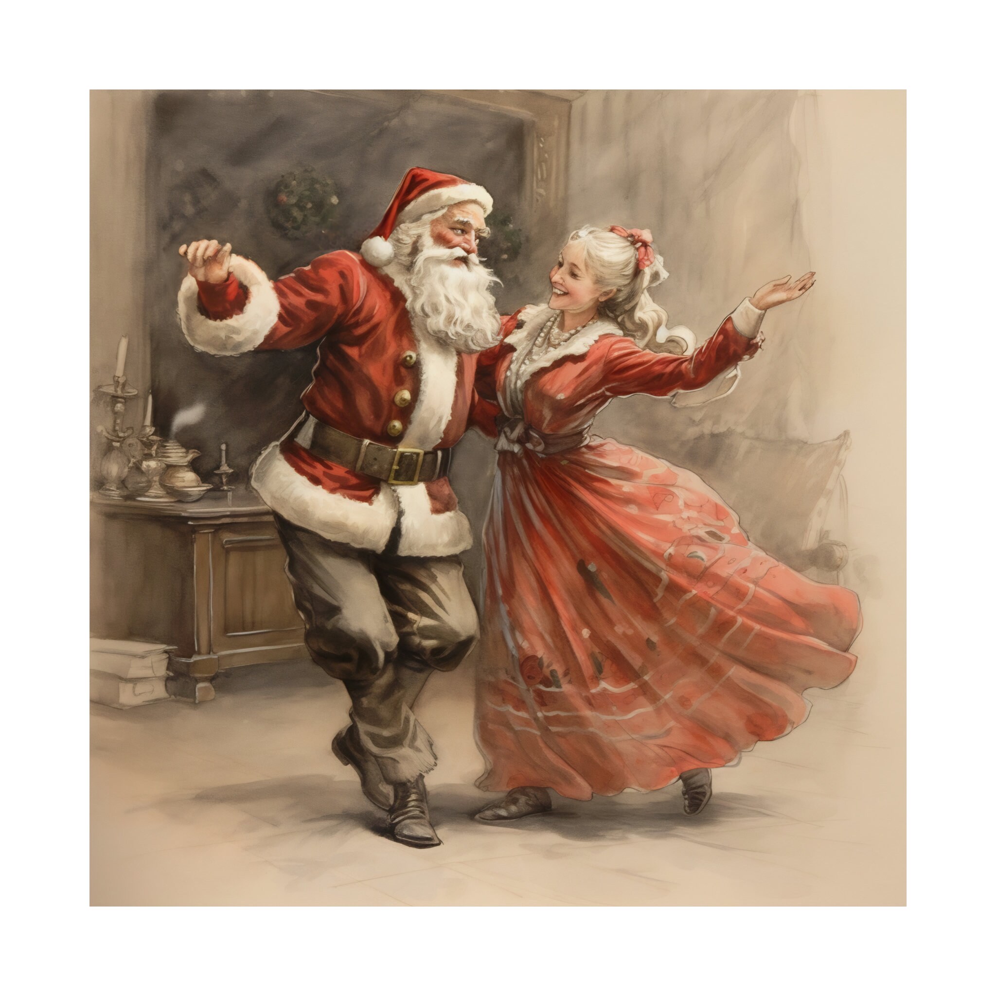 Santa & Mrs. Claus Dancing Christmas Art Poster Print, Vintage-inspired ...