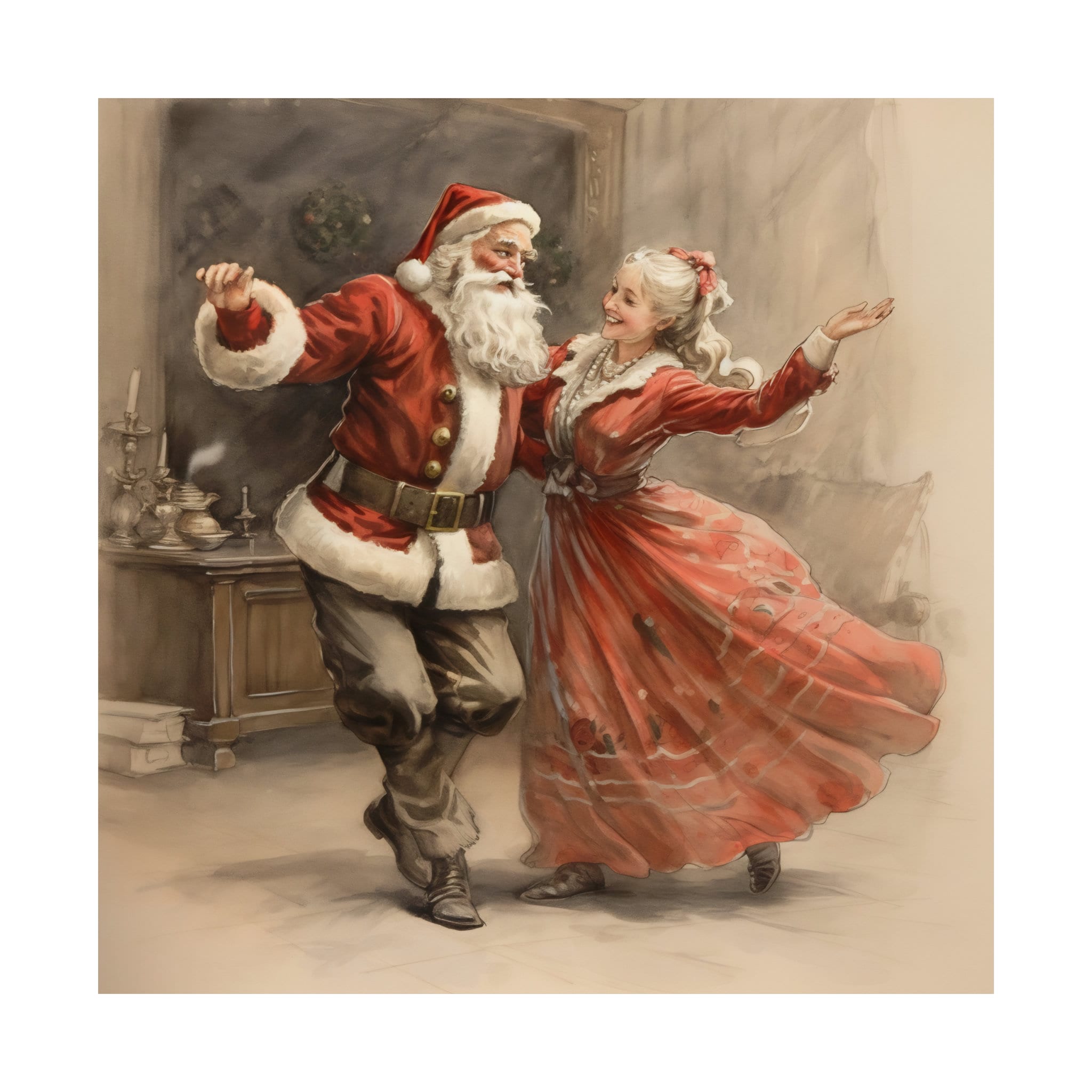 Santa & Mrs. Claus Dancing Christmas Art Poster Print, Vintage-inspired ...