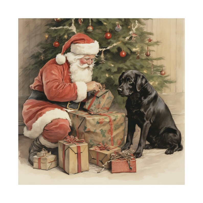 Vintage Christmas Labrador Art Print, Santa Claus, Holiday Gift - Etsy