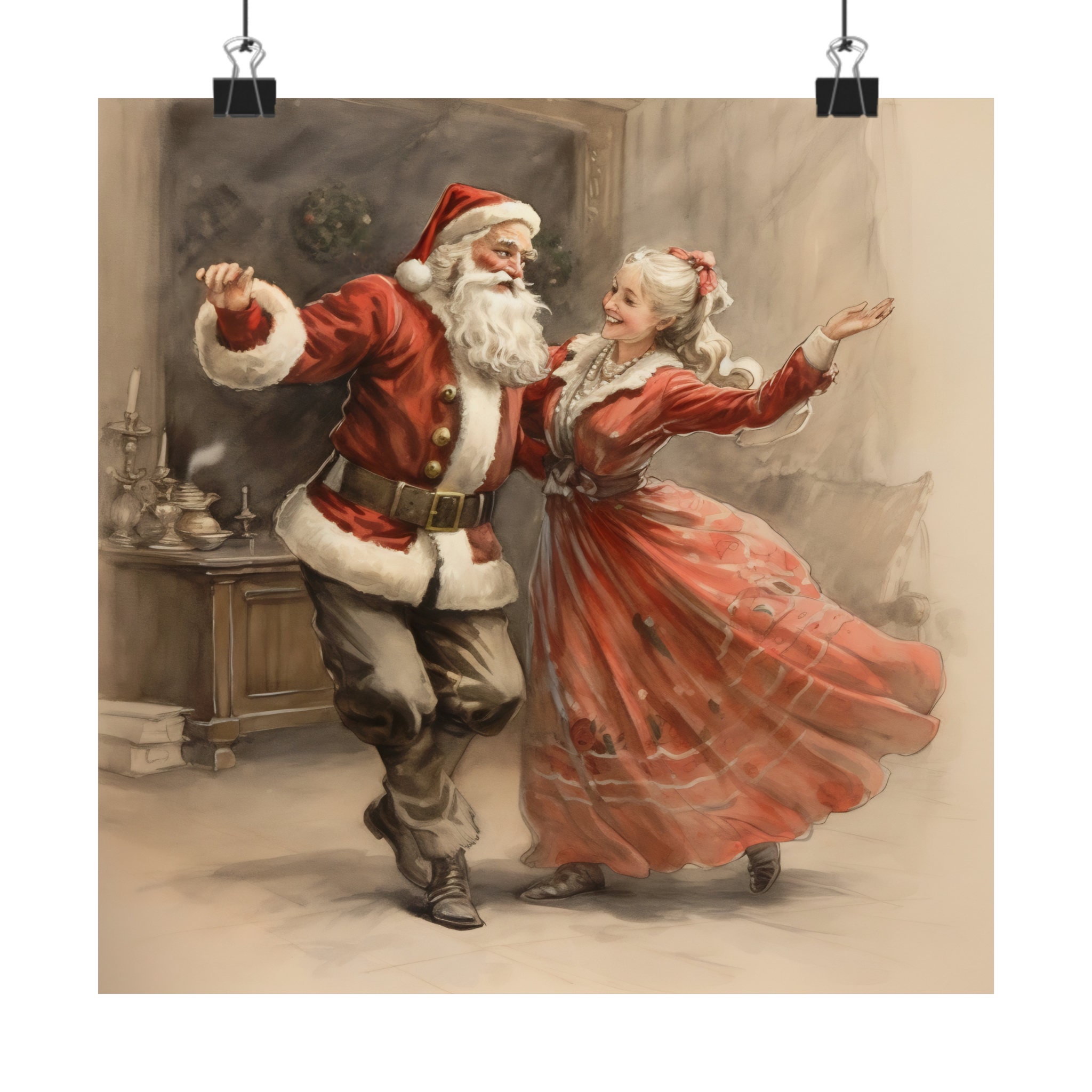 Santa & Mrs. Claus Dancing Christmas Art Poster Print, Vintage-inspired ...