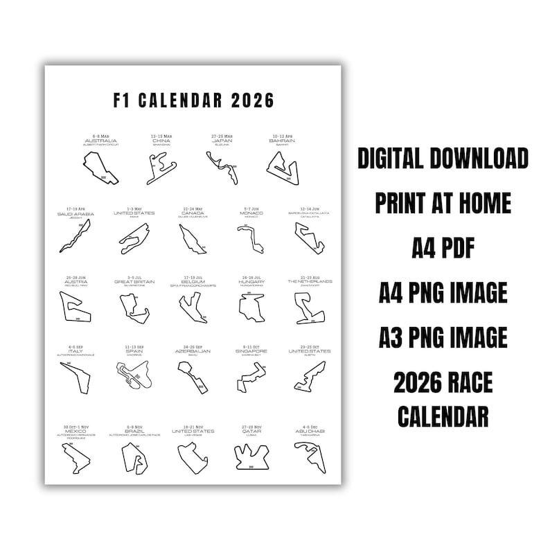 Formula One 2026 Race Calendar Print: F1 Grand Prix Dates (digital ...