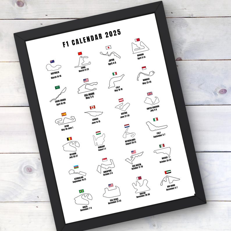 Formula One 2025 Race Calendar Print: F1 Grand Prix Dates (digital ...