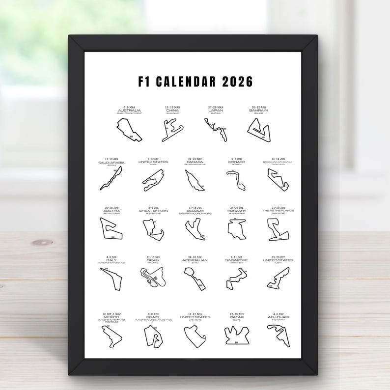 Formula One 2026 Race Calendar Print: F1 Grand Prix Dates (digital ...