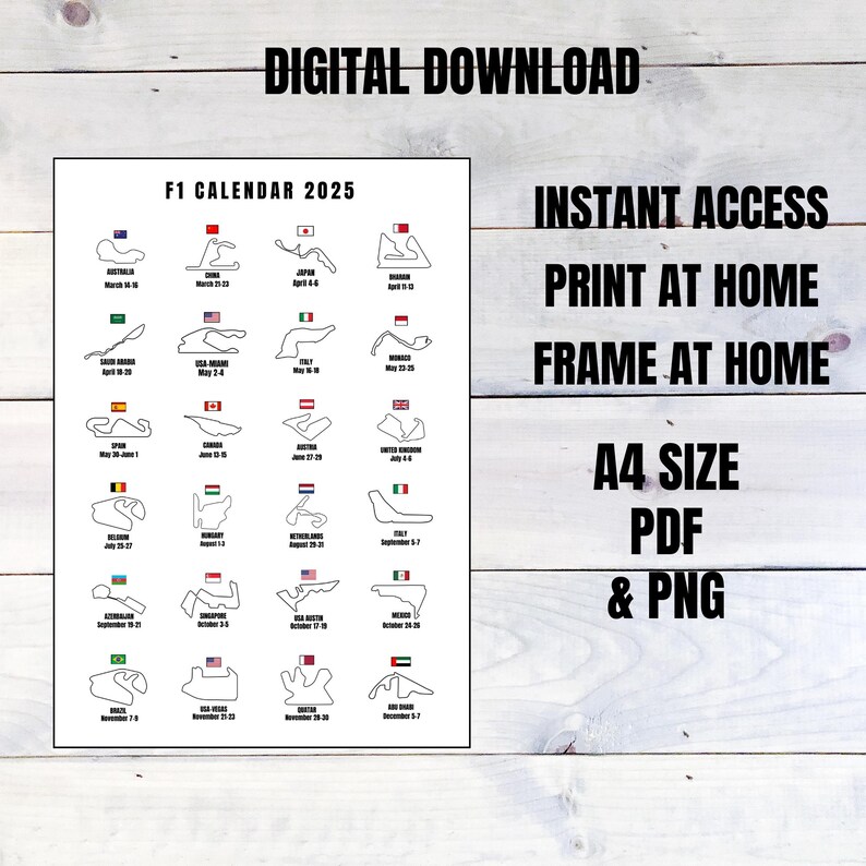 Formula One 2025 Race Calendar Print: F1 Grand Prix Dates (digital ...