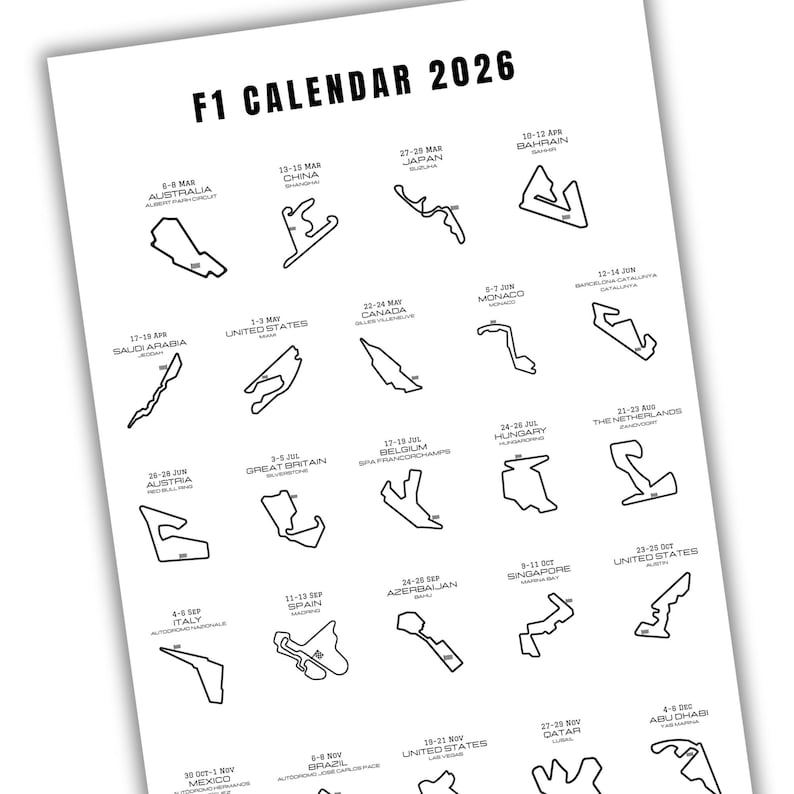 Formula One 2026 Race Calendar Print: F1 Grand Prix Dates (digital ...