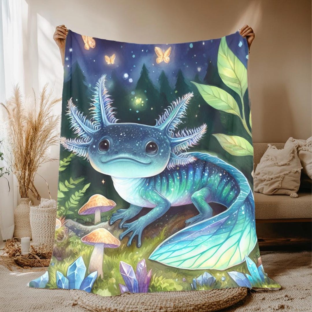 Magical Blue Axolotl Blanket - Fantasy Forest Plush Throw With ...