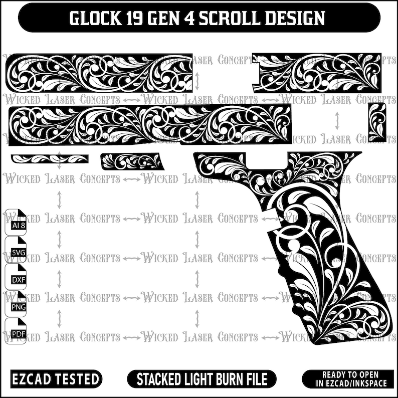 Glock 19 Gen 4 Scroll II Design With Stacked Lightburn File - Etsy