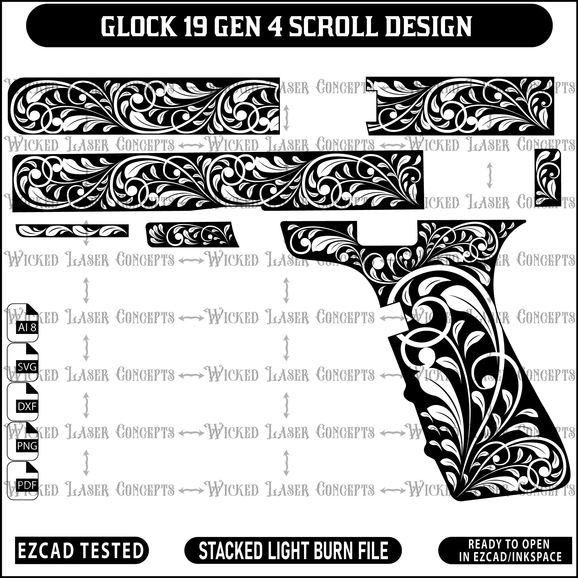 Glock 19 Gen 4 Scroll II Design With Stacked Lightburn File - Etsy