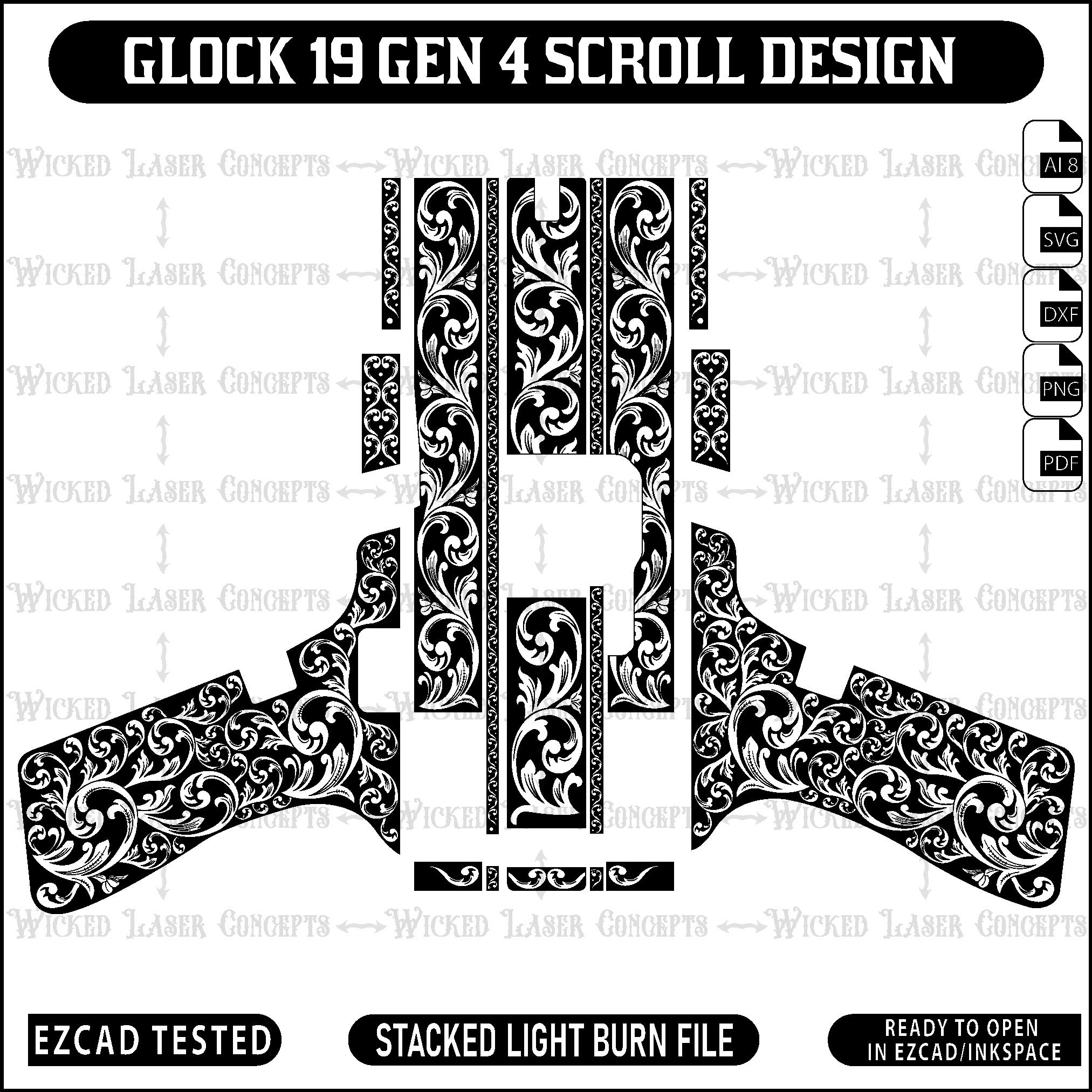 Glock 19 Gen 4 Scroll Design With Stacked Lightburn File - Etsy