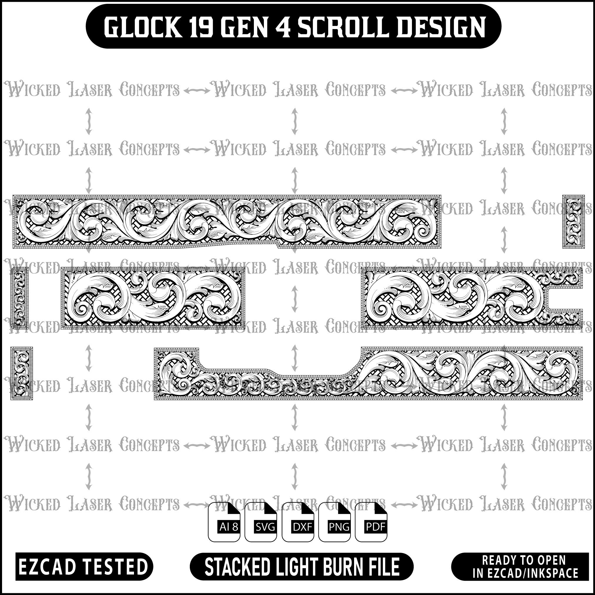 3 Different Glock 19 Gen 4 Slide Scroll Designs With Stacked Lightburn ...